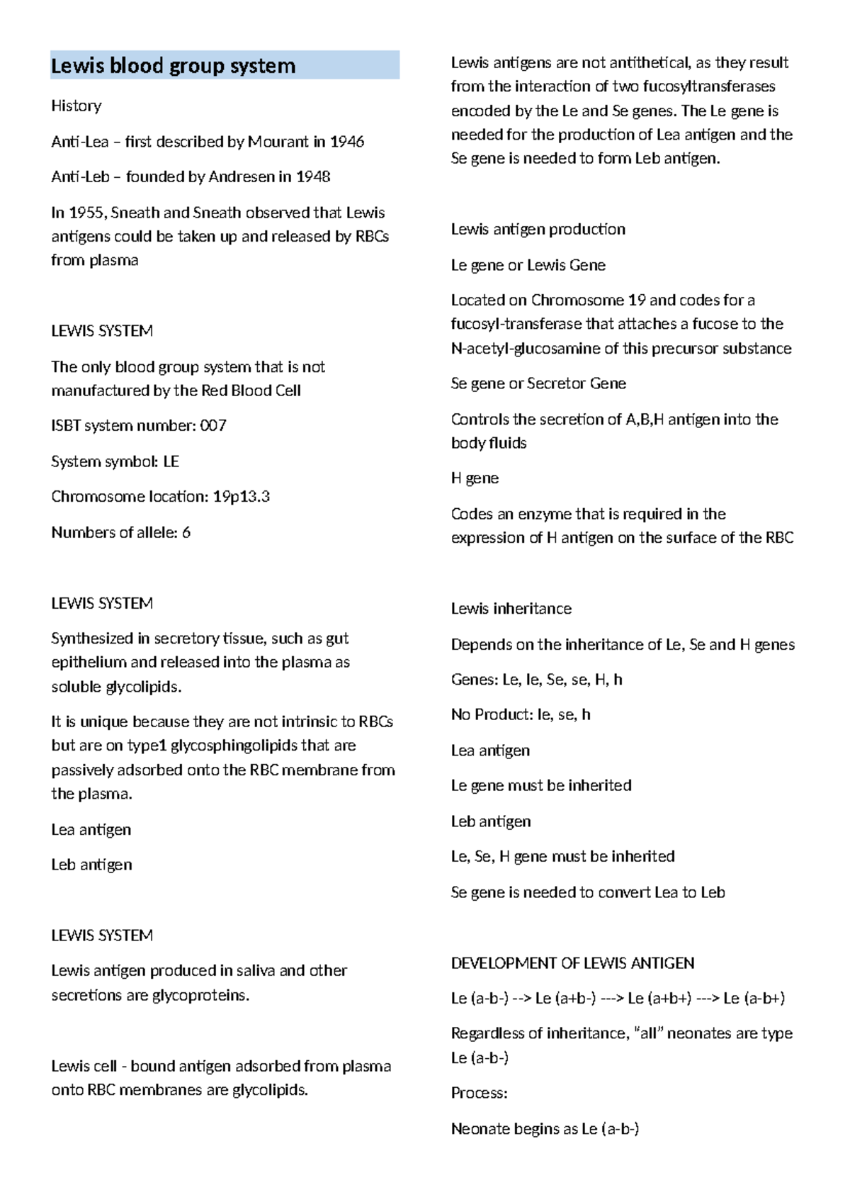 Lewis Blood Group System Overview: History, Genetics, and Testing - Studocu