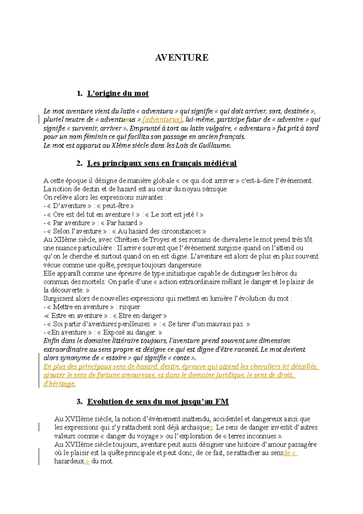 Aventure - Vocabulaire-Ancien - AVENTURE 1. L’origine du mot Le mot ...
