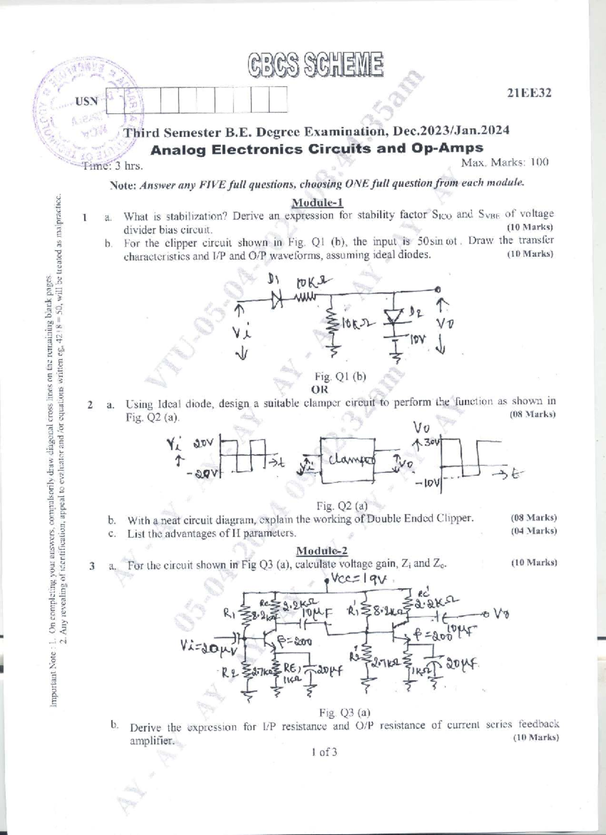 21EE32 Analog Electronics Circuits - 3rd Sem B.E. Exam Questions - Studocu