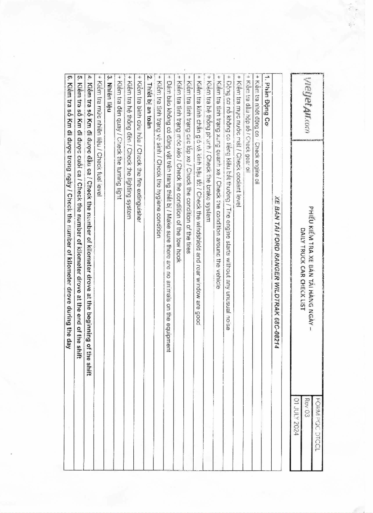 FORM PQC DTCCL Vietjet Air - Daily Truck Car Check List Rev 03 - Studocu