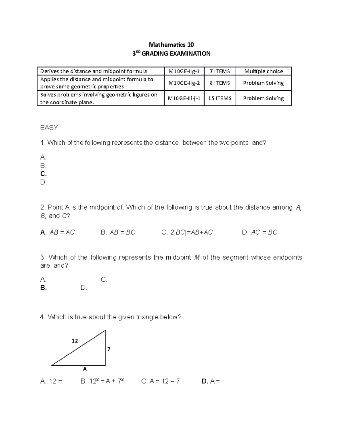 EXAM Questions - Practice Exercise for Examination - Mathematics 10 3 ...