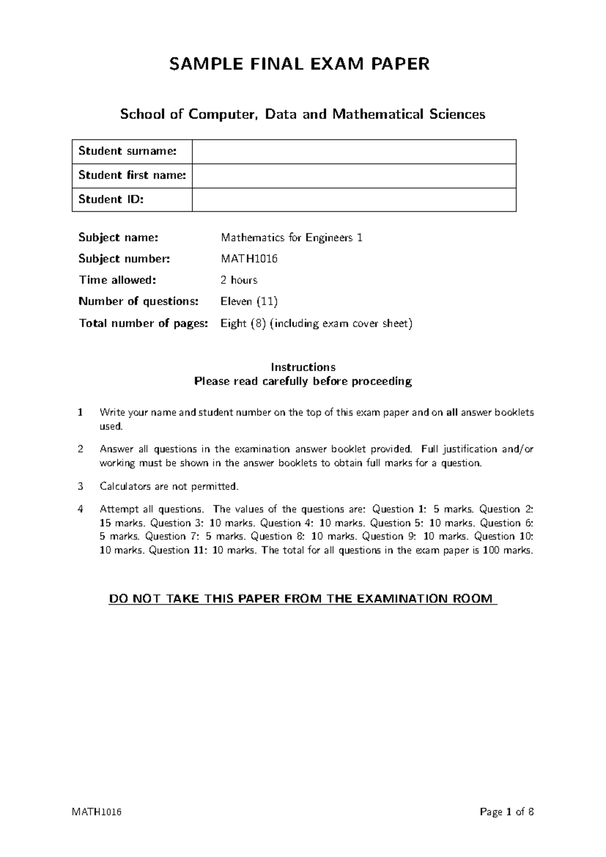 Sample Final Exam Paper for MATH1016 - Mathematics for Engineers 1 ...