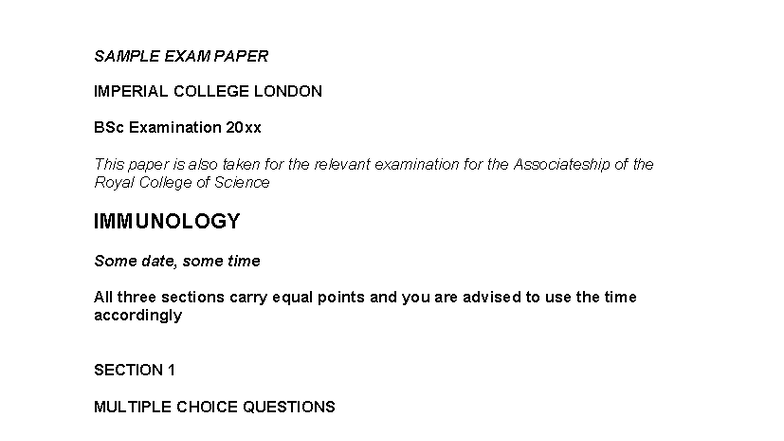 SAMPLE MCQ EXAM PAPER BSc Immunology 20xx - Imperial College London ...