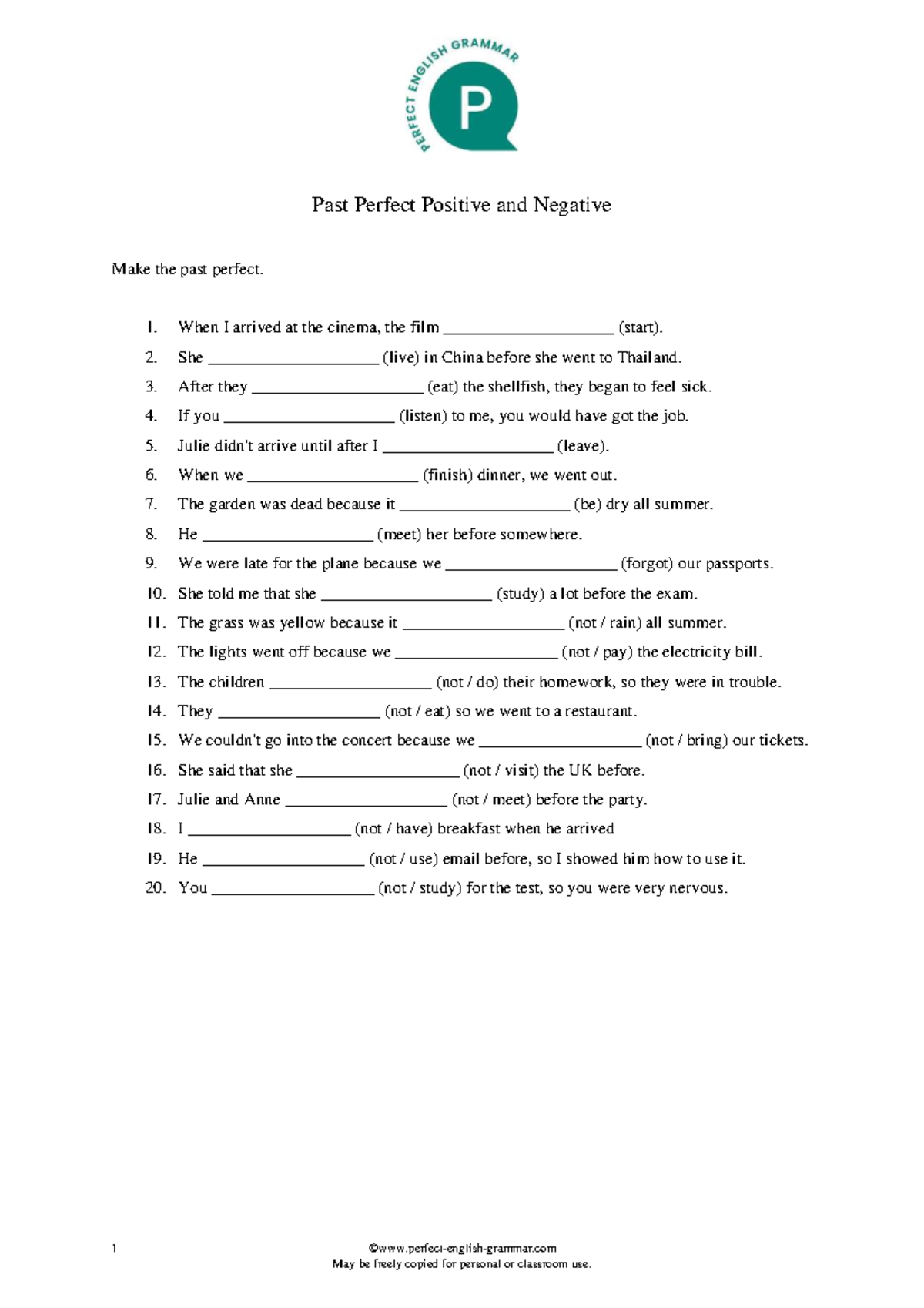 Past Perfect Tense Exercises: Positive & Negative Forms - Studocu