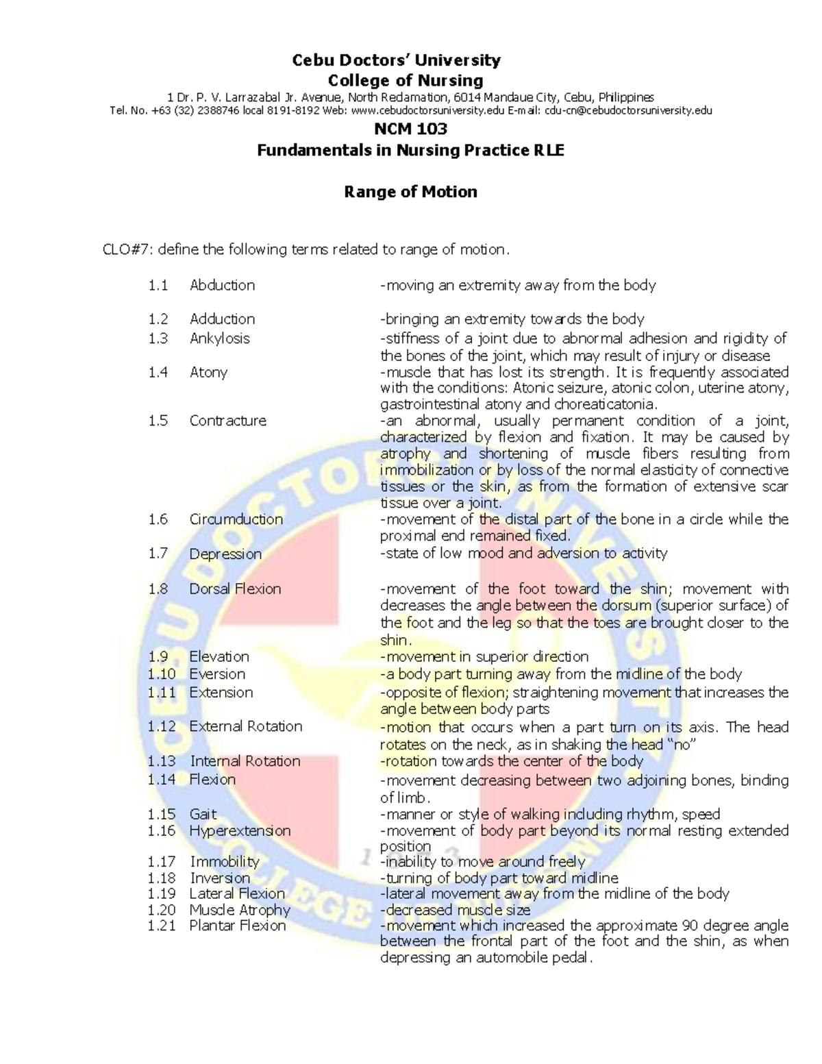 NCM 103 - Range of Motion Procedure Guide for Nursing Practice - Studocu