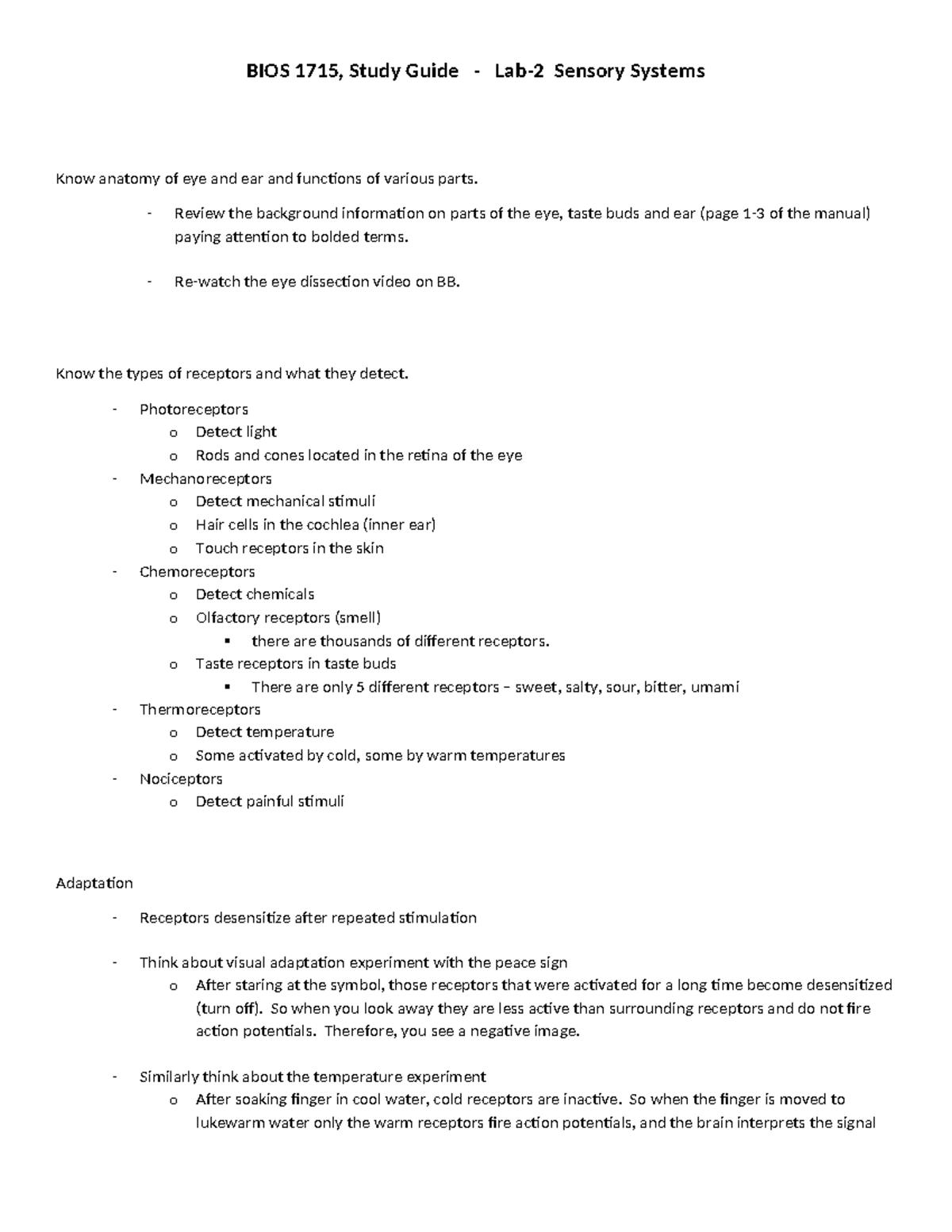 BIOS 1715 Study Guide: Sensory Systems Anatomy & Functions - Studocu