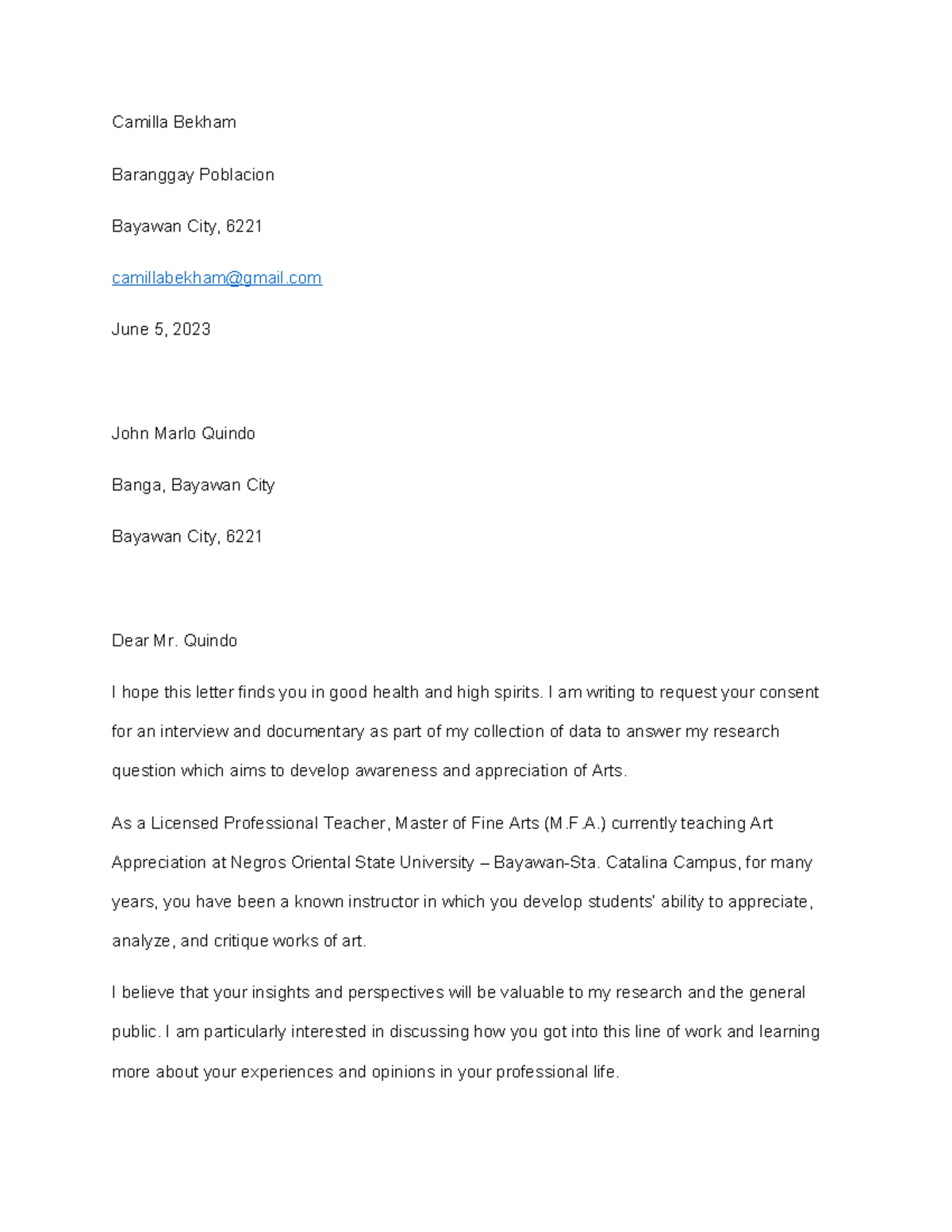 Request Letter for Interview: Arts Appreciation Research G3 - Studocu