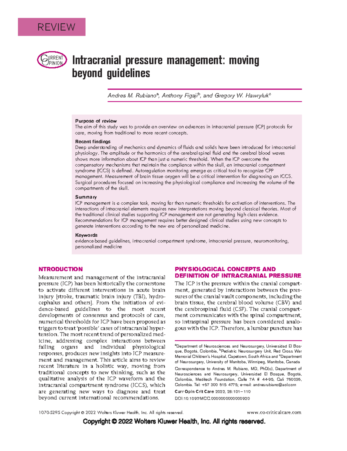 Advances in Intracranial Pressure Management: Beyond Guidelines - Studocu