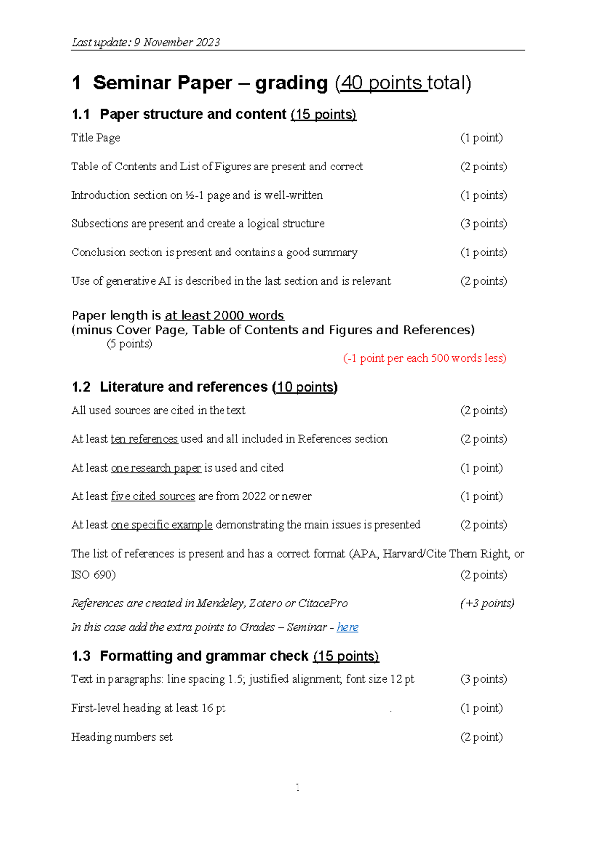 BA Seminar Paper Grading Criteria (40 Points) - Updated Nov 2023 - Studocu