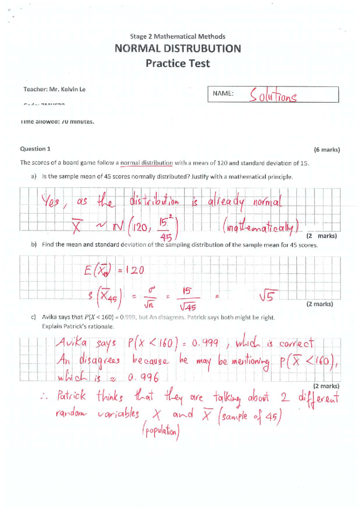 Stage 2 Mathematical Methods: Normal Distribution Practice Test ...