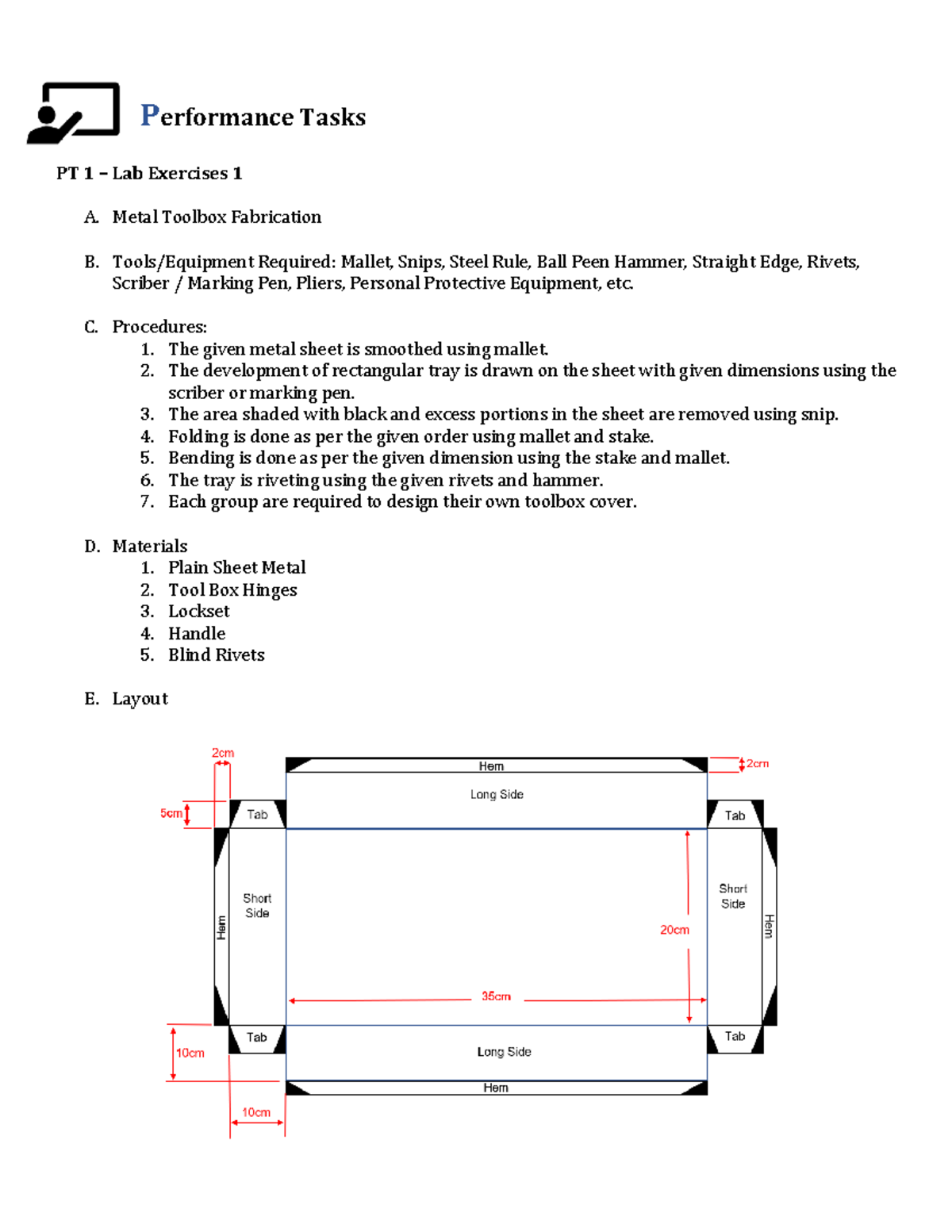 Performance Tasks PT 1: Lab Activity on Sheet Metal Toolbox Fabrication ...