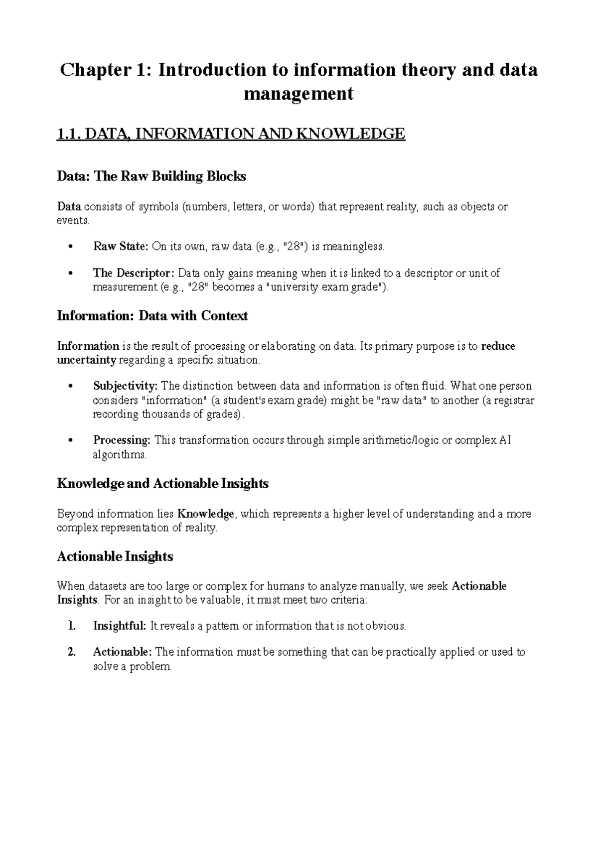 Chapter 1 Summary: Introduction to Information Theory & Data Management ...