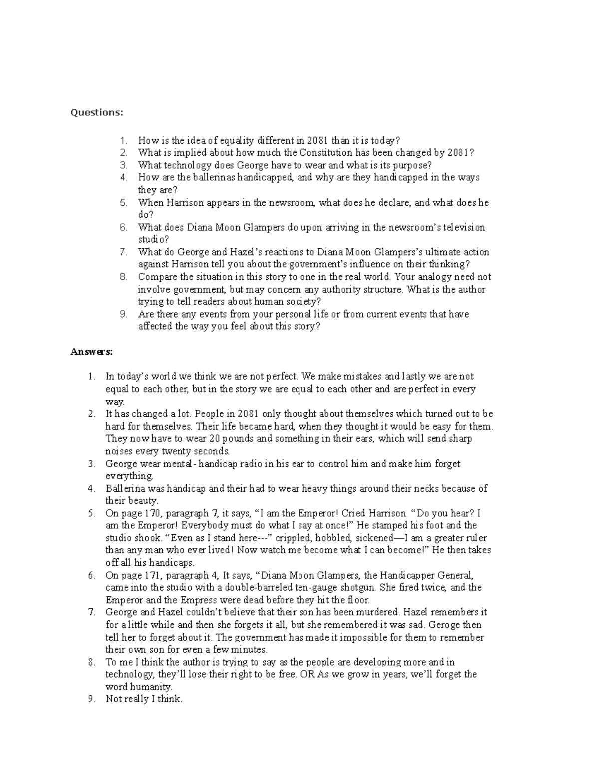 ENG 101 - Essay Notes on "Harrison Bergeron" Q&A Analysis - Studocu