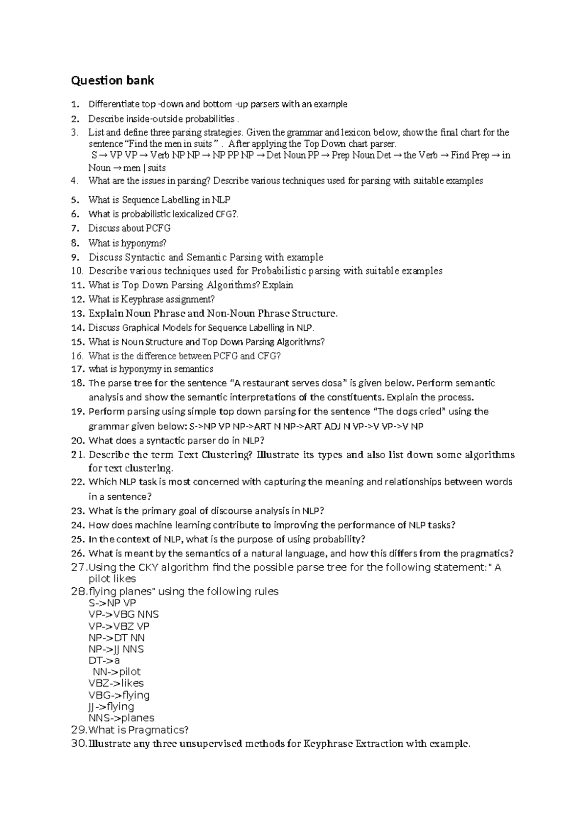 NLP Question Bank - Parsing Techniques and Concepts Overview - Studocu
