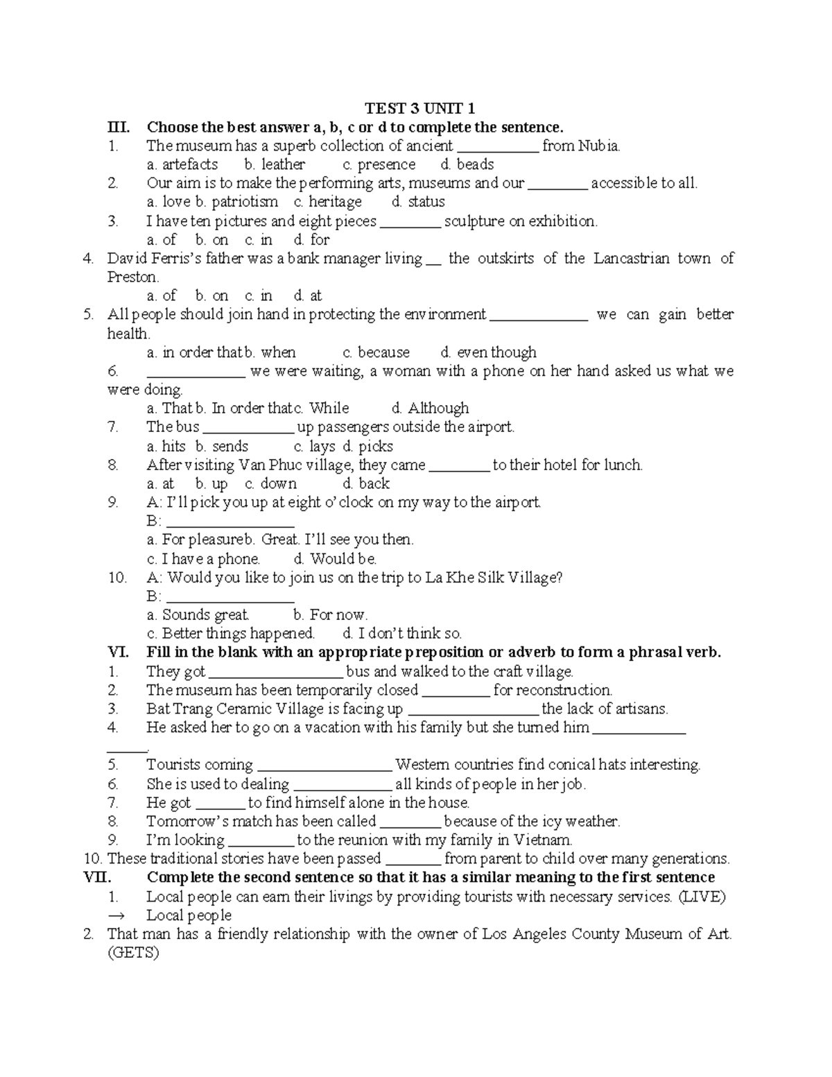 9A1-TEST 3 UNIT 1: Multiple Choice & Fill-in-the-Blank Exercises - Studocu