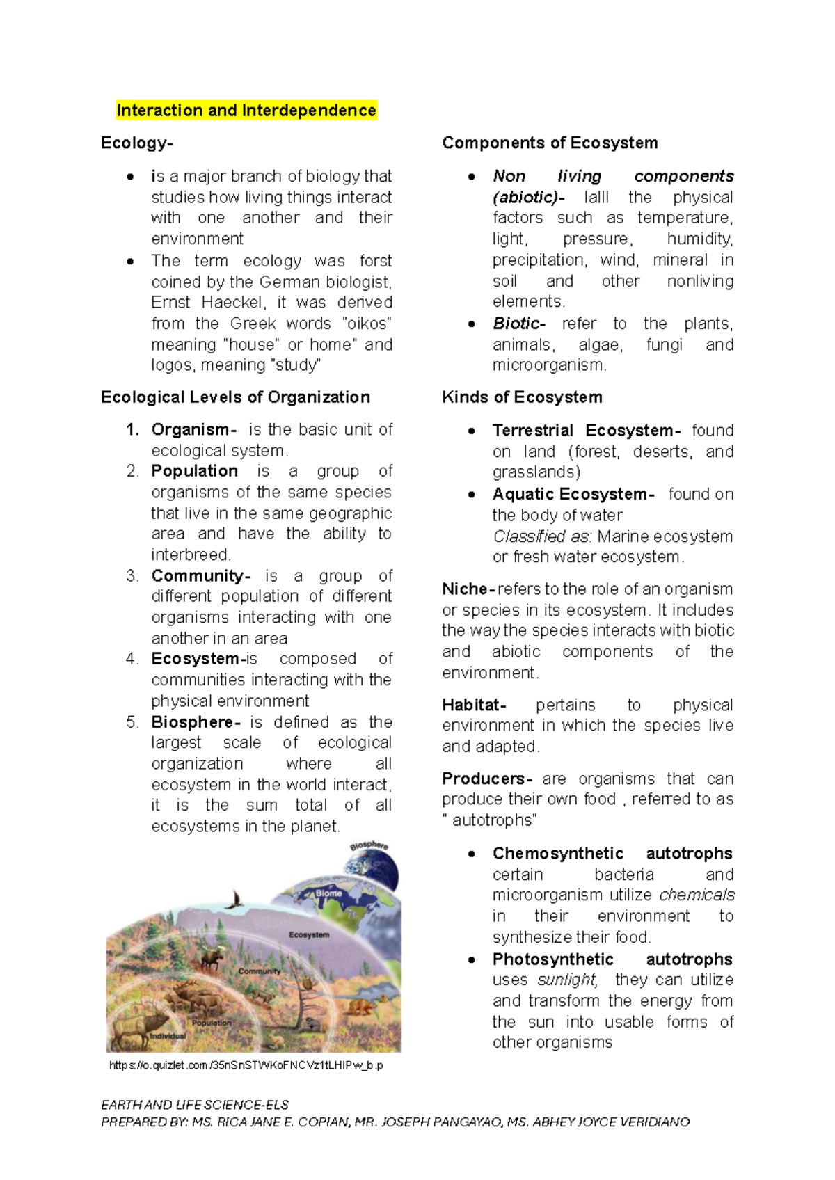 ELS Handout: Interaction & Interdependence in Ecology - Studocu