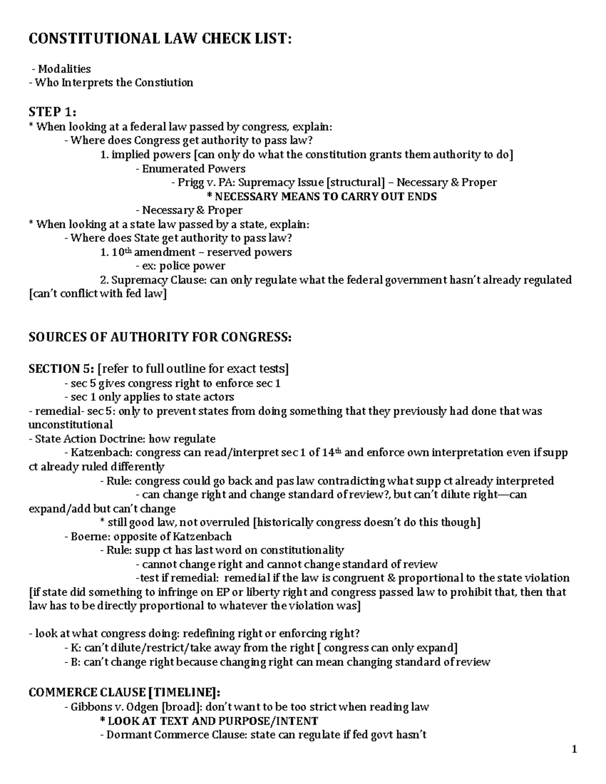 Con Law Check List - Great for stuff - CONSTITUTIONAL LAW CHECK LIST: Modalities Who Interprets ...