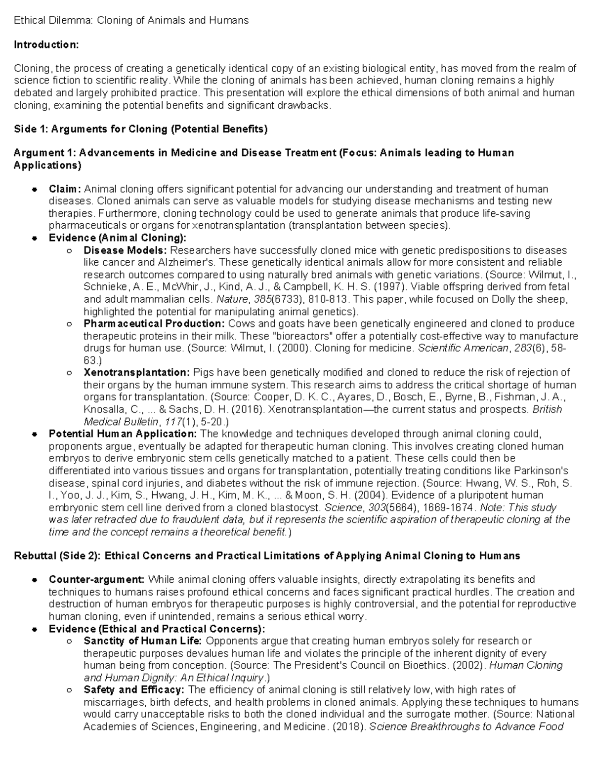 Ethical Dilemmas in Cloning: Animal vs. Human Perspectives (ETH 101 ...