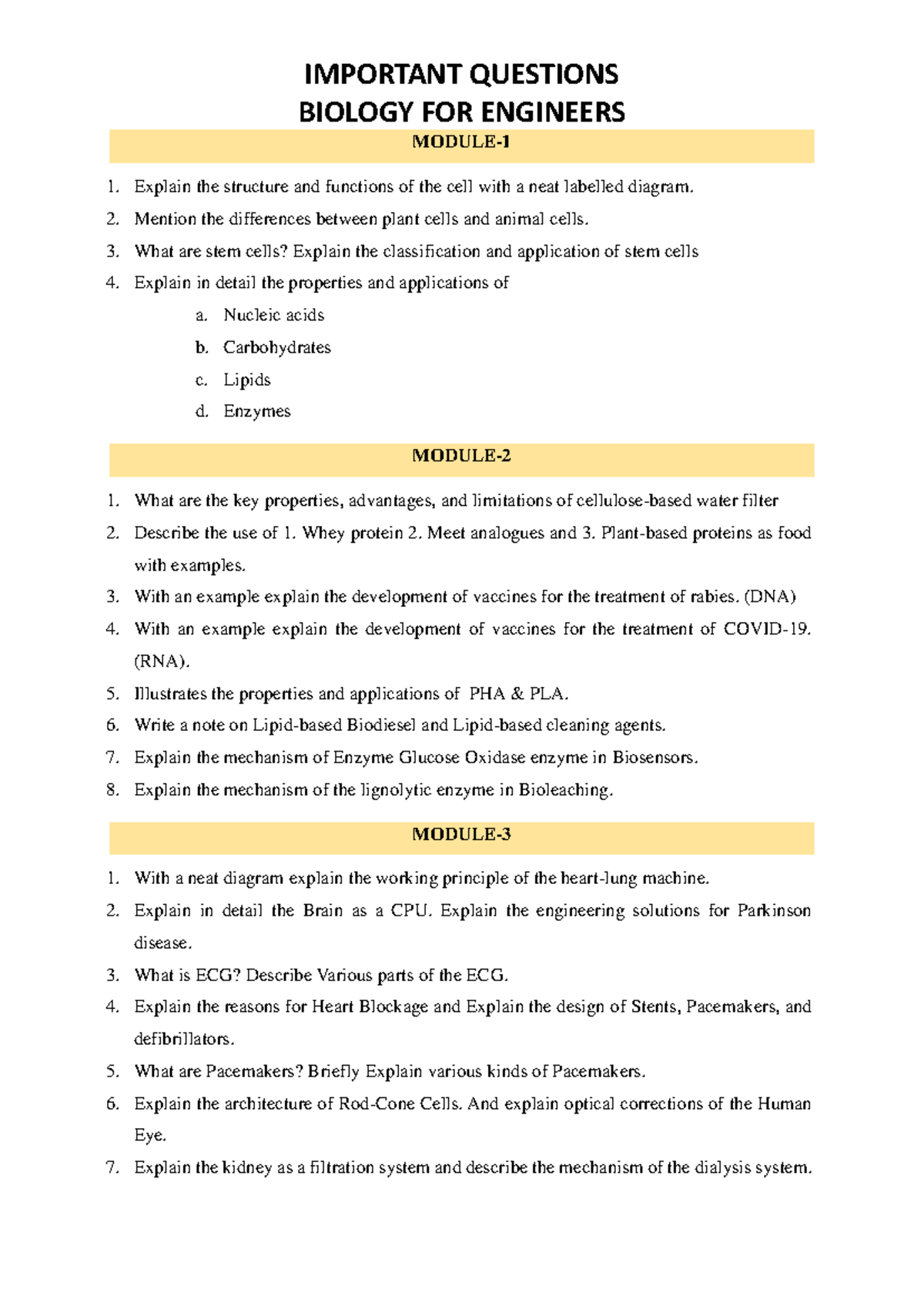 IMPORTANT QUESTIONS FOR BBOC407: BIOLOGY FOR ENGINEERS - EASY NOTES ...