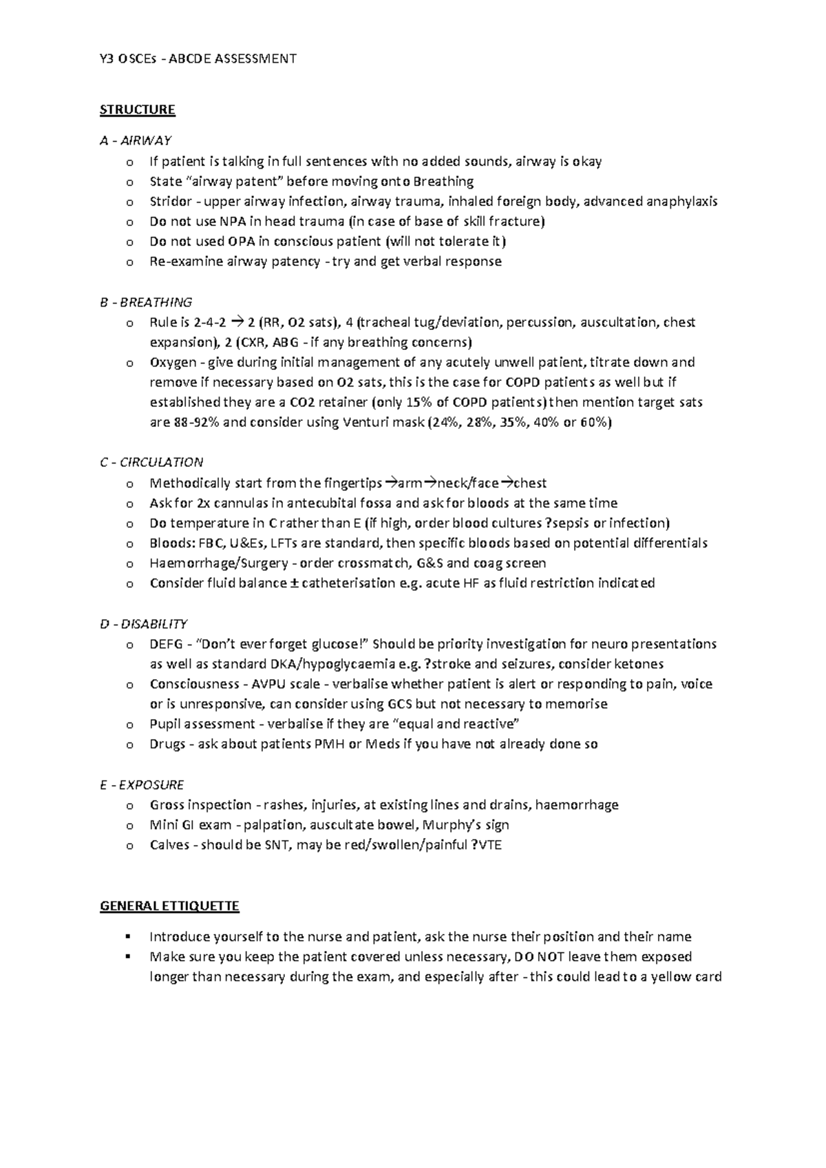 Y3 OSCE A-E Assessment Guide for Core Patient Evaluation - Studocu