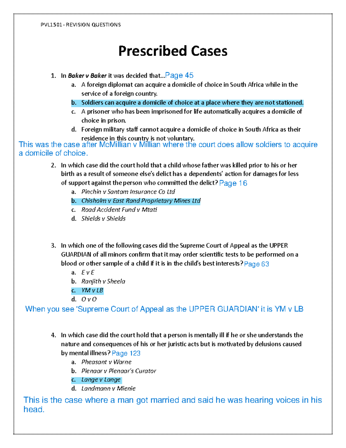 PVL1501 Prescribed Cases: Questions & Answers Memo Analysis - Studocu