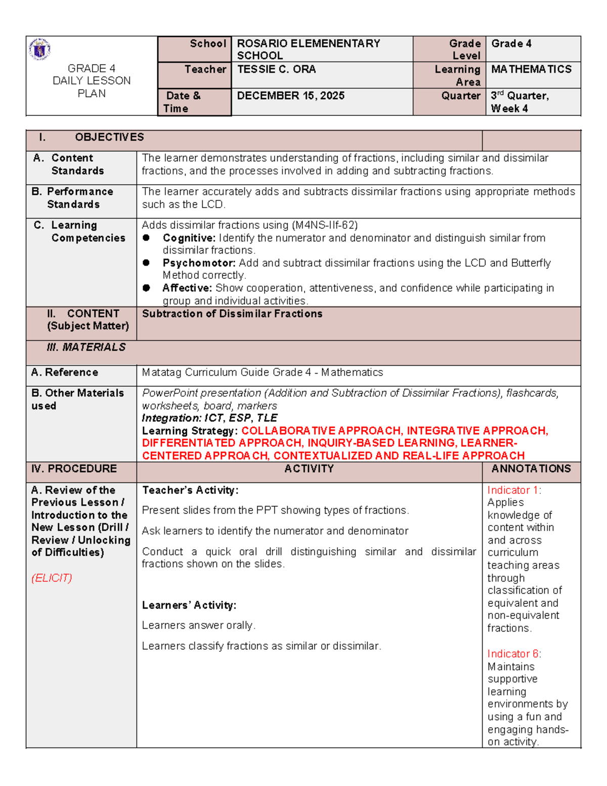 Grade 4 Math Lesson Plan: Adding Dissimilar Fractions (Q3, W4) - Studocu