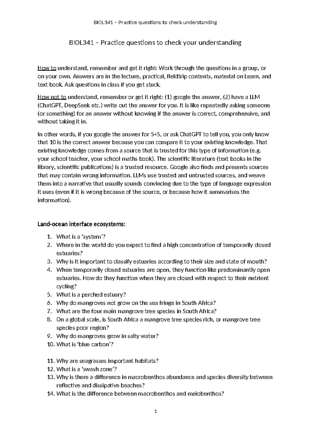 BIOL341 Practice Questions for Understanding Key Concepts - Studocu