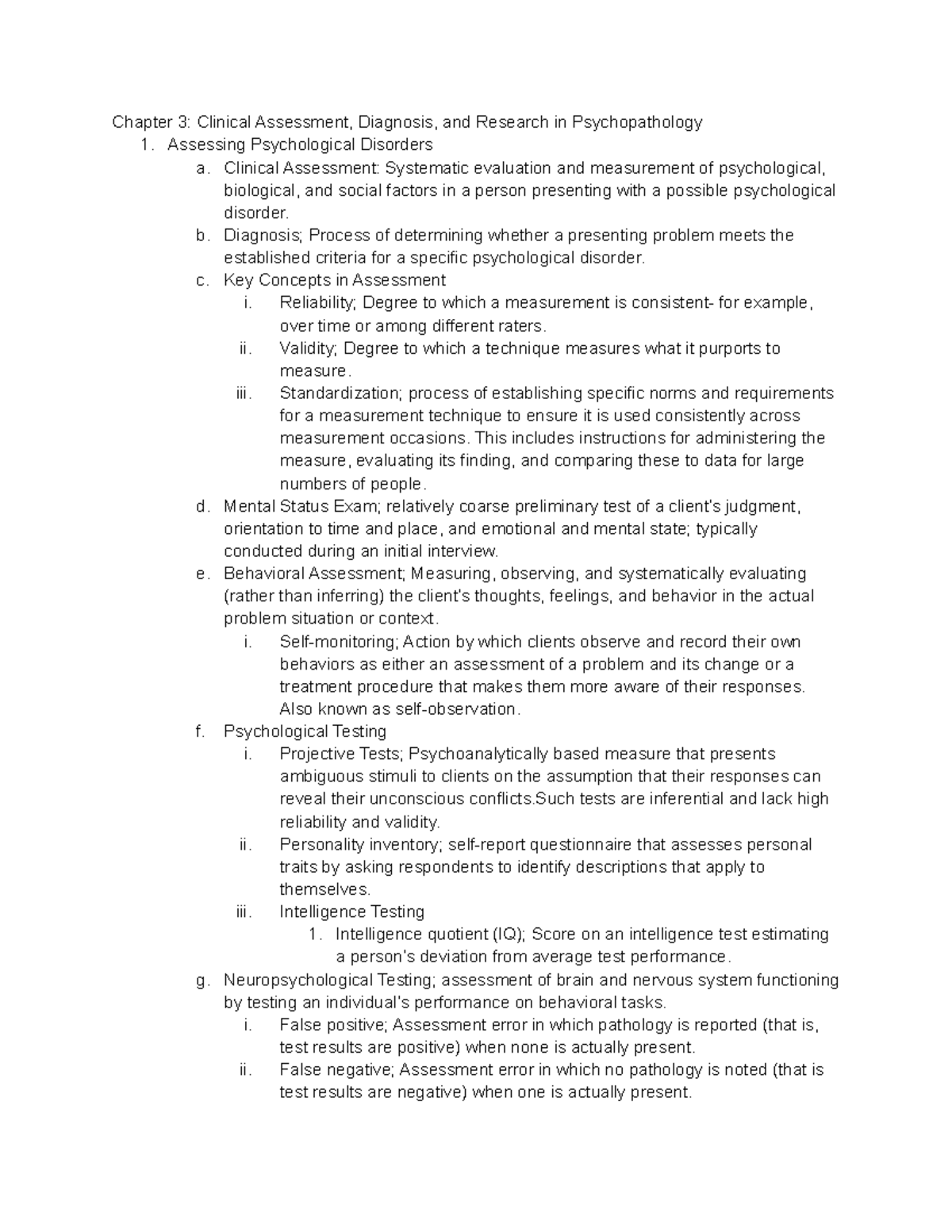 Abnormal Psych Chapter 3 Notes - Chapter 3: Clinical Assessment ...