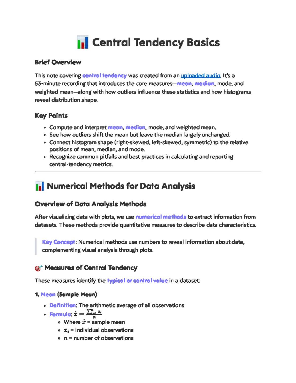 Central Tendency Basics: Mean, Median, Mode & Outliers - Studocu