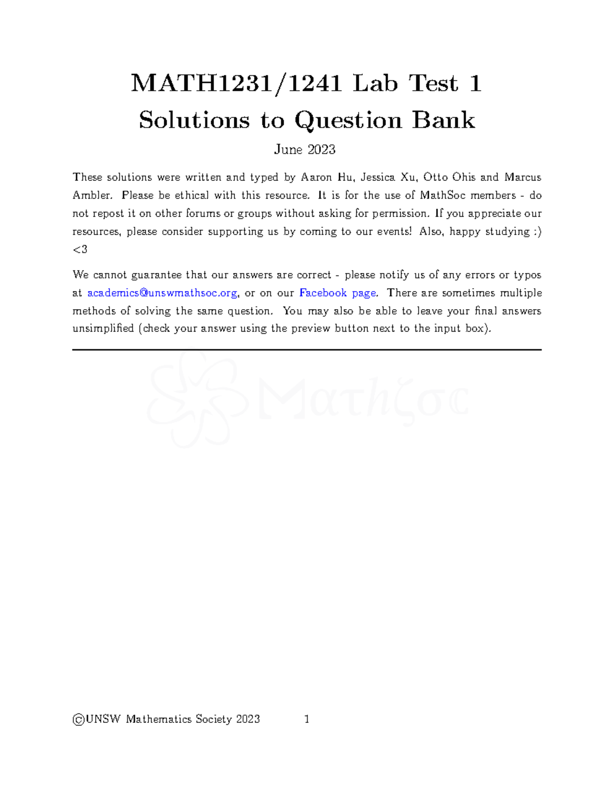MATH1231 Lab Test 1 Solutions: Practice Answers and Methods - Studocu