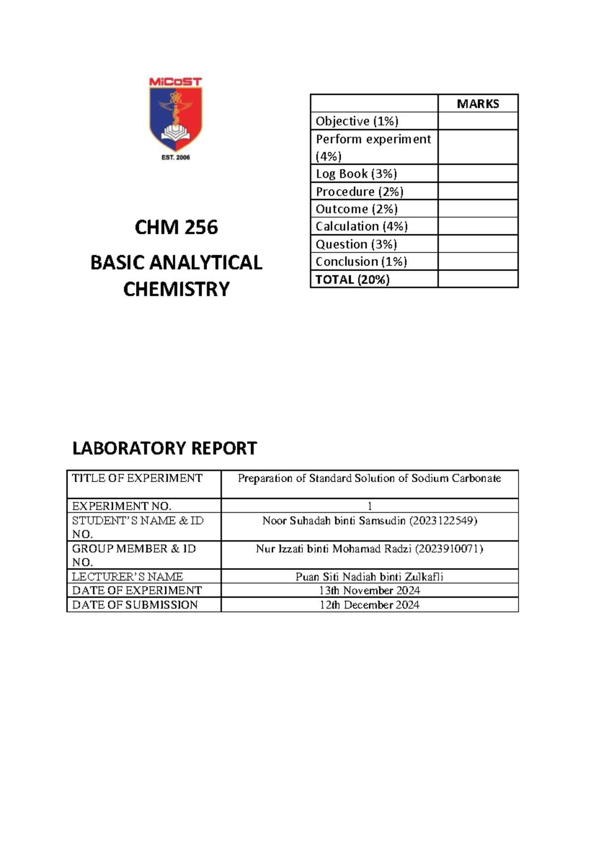 Experiment 1 CHM256 - lab report - CHM 256 BASIC ANALYTICAL CHEMISTRY ...