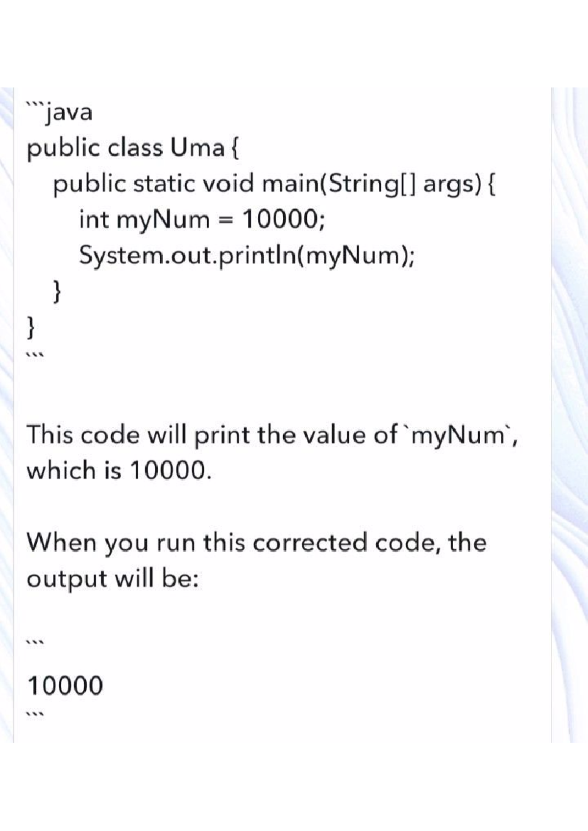 Java program - Java - public class Uma public static void args) int ...