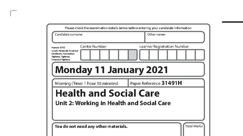 Unit 2: Health and Social Care Past Exam Paper - January 2021 - Studocu