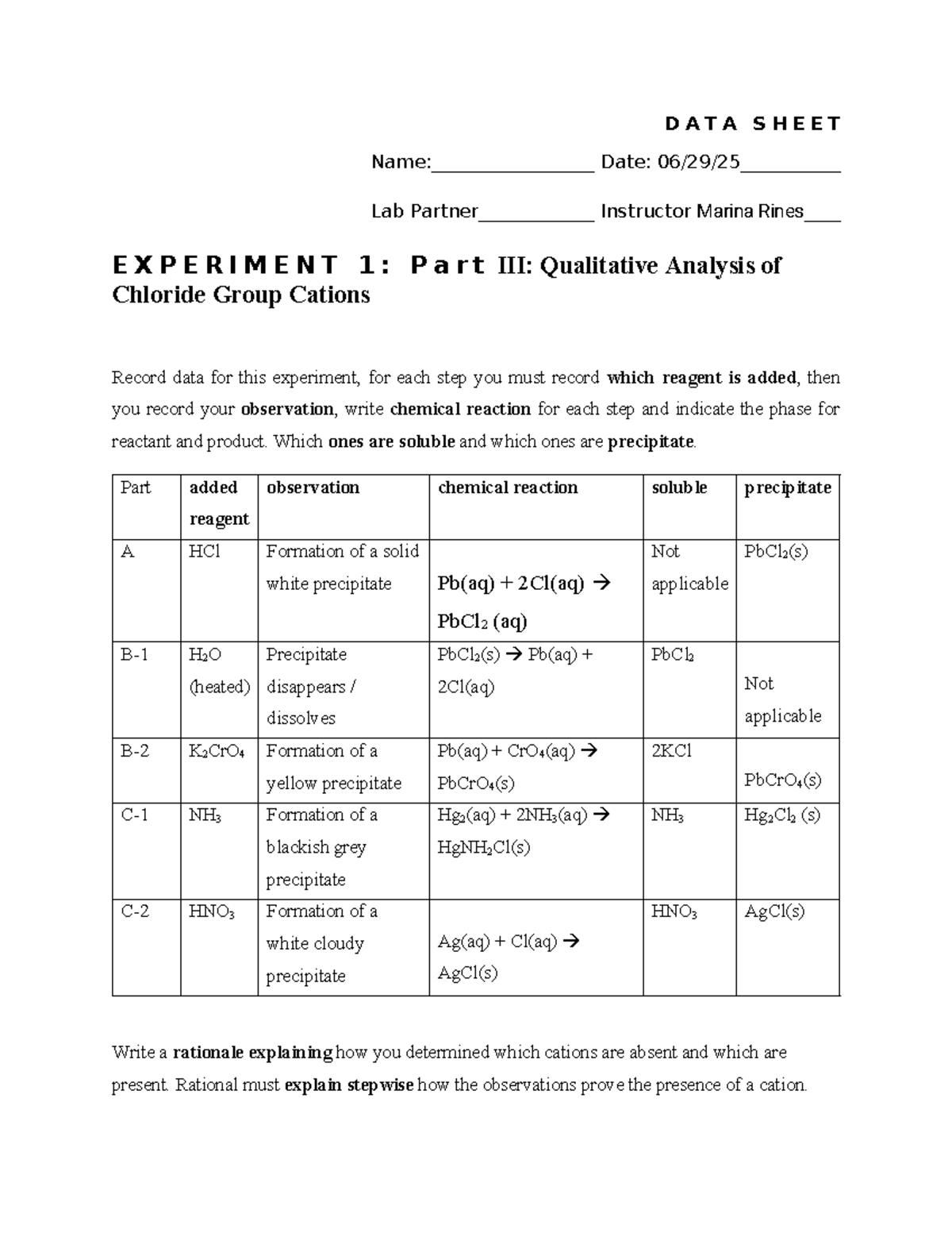 CHM1046 L Exp 1: Qualitative Analysis of Chloride Group Cations Data ...