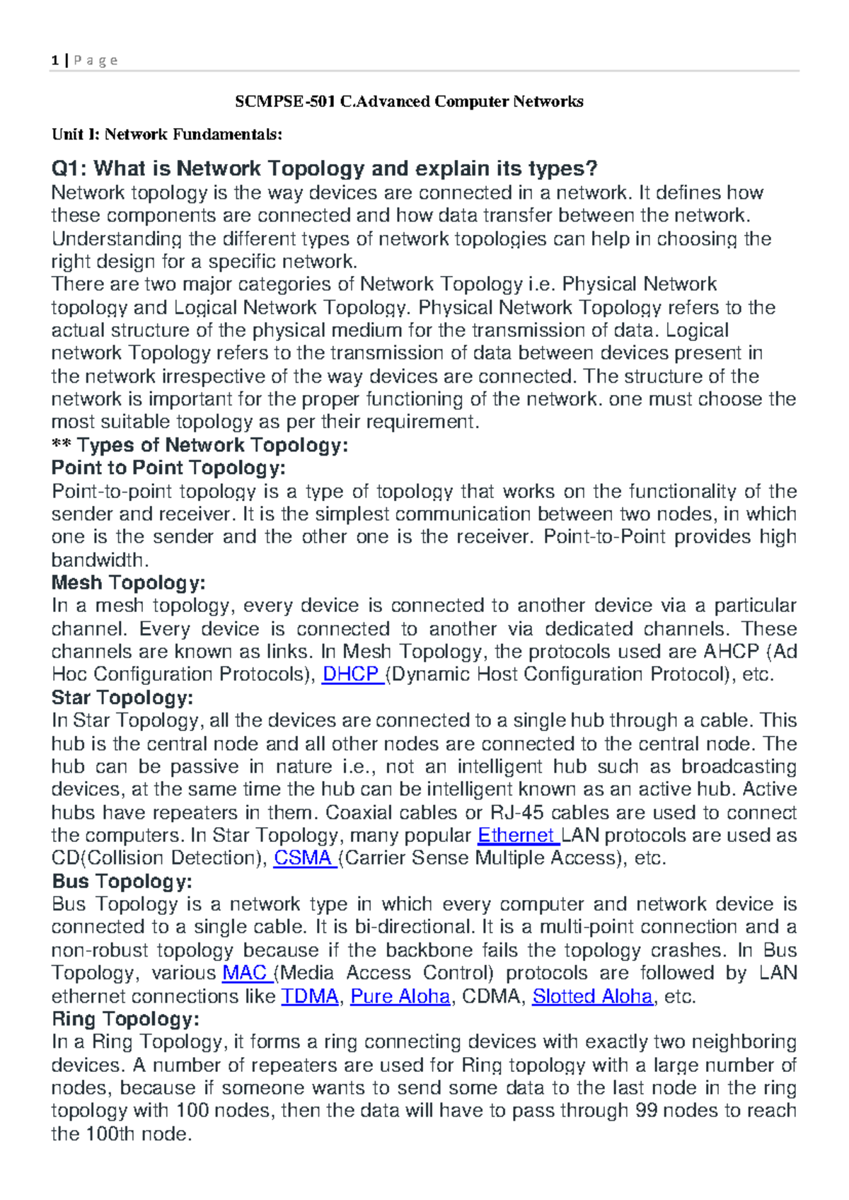 C.Advanced Computer Networks Unit I: Understanding network topology and ...