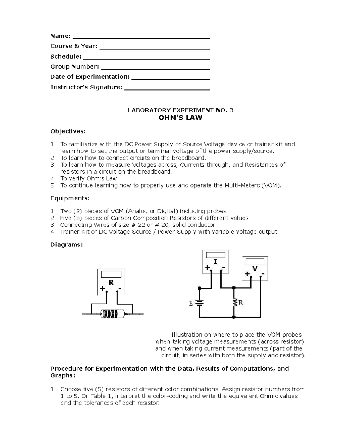 EXPT 3 OHMS LAW - Experiment 3 Ohms Law - Name: Course & Year: Schedule ...