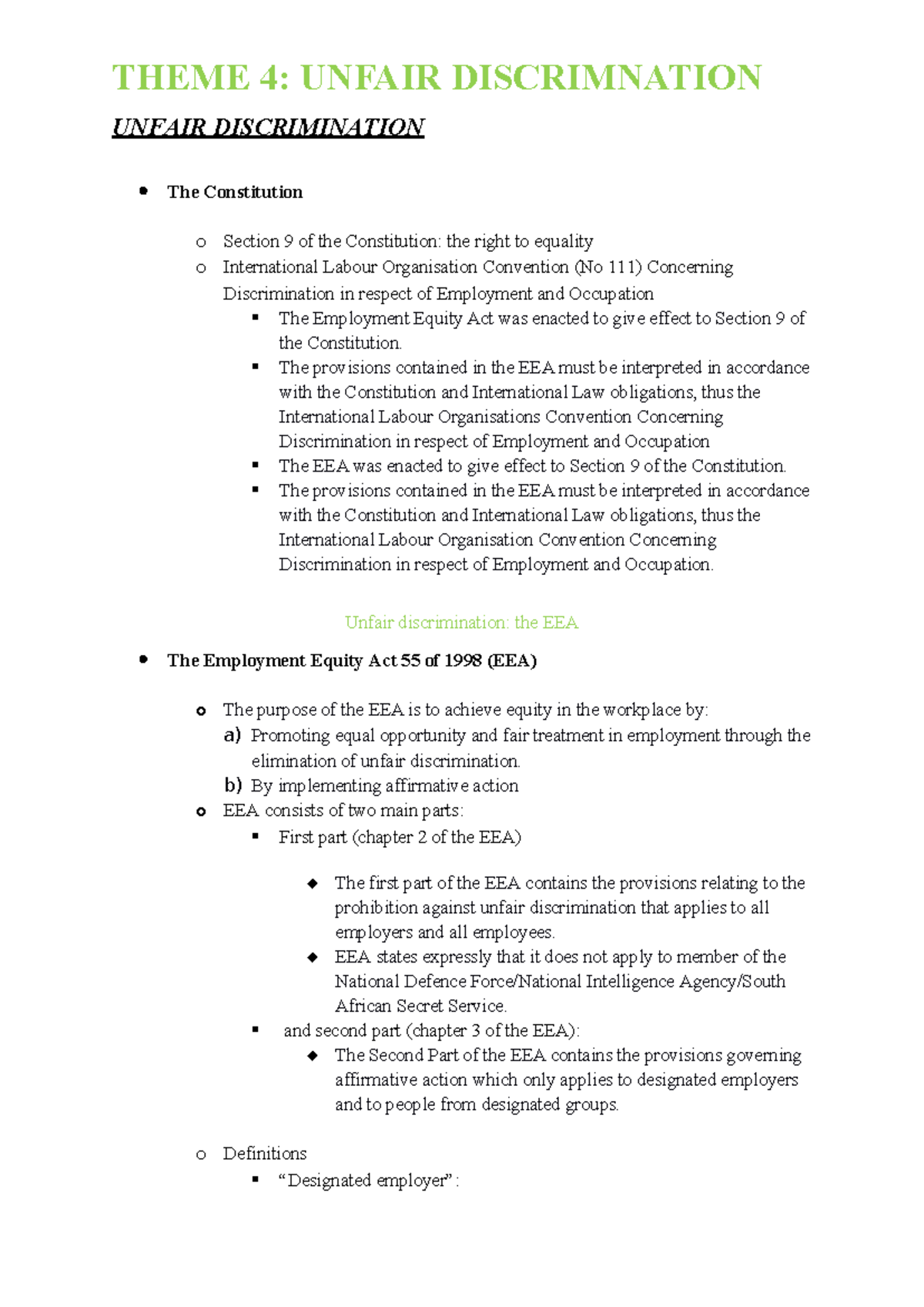Theme 4: Unfair Discrimination & Employment Equity Act Notes - Studocu