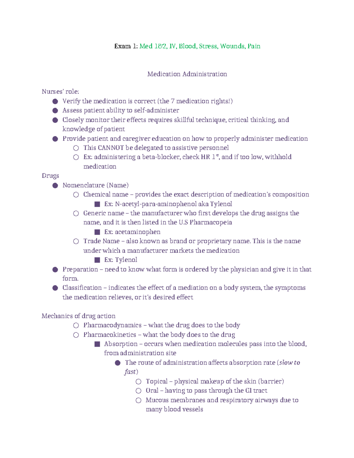Exam 1 NUR1210 - Comprehensive Medication Administration Notes - Studocu