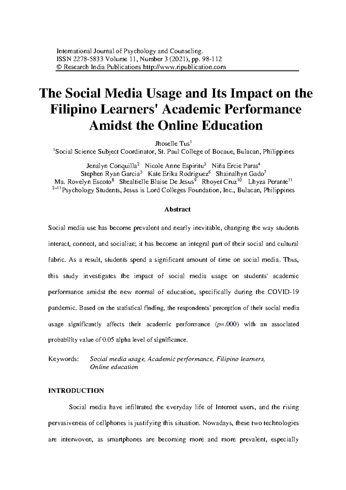 The Social Media Usage and Its Impact on Academic Performance of SHS ...