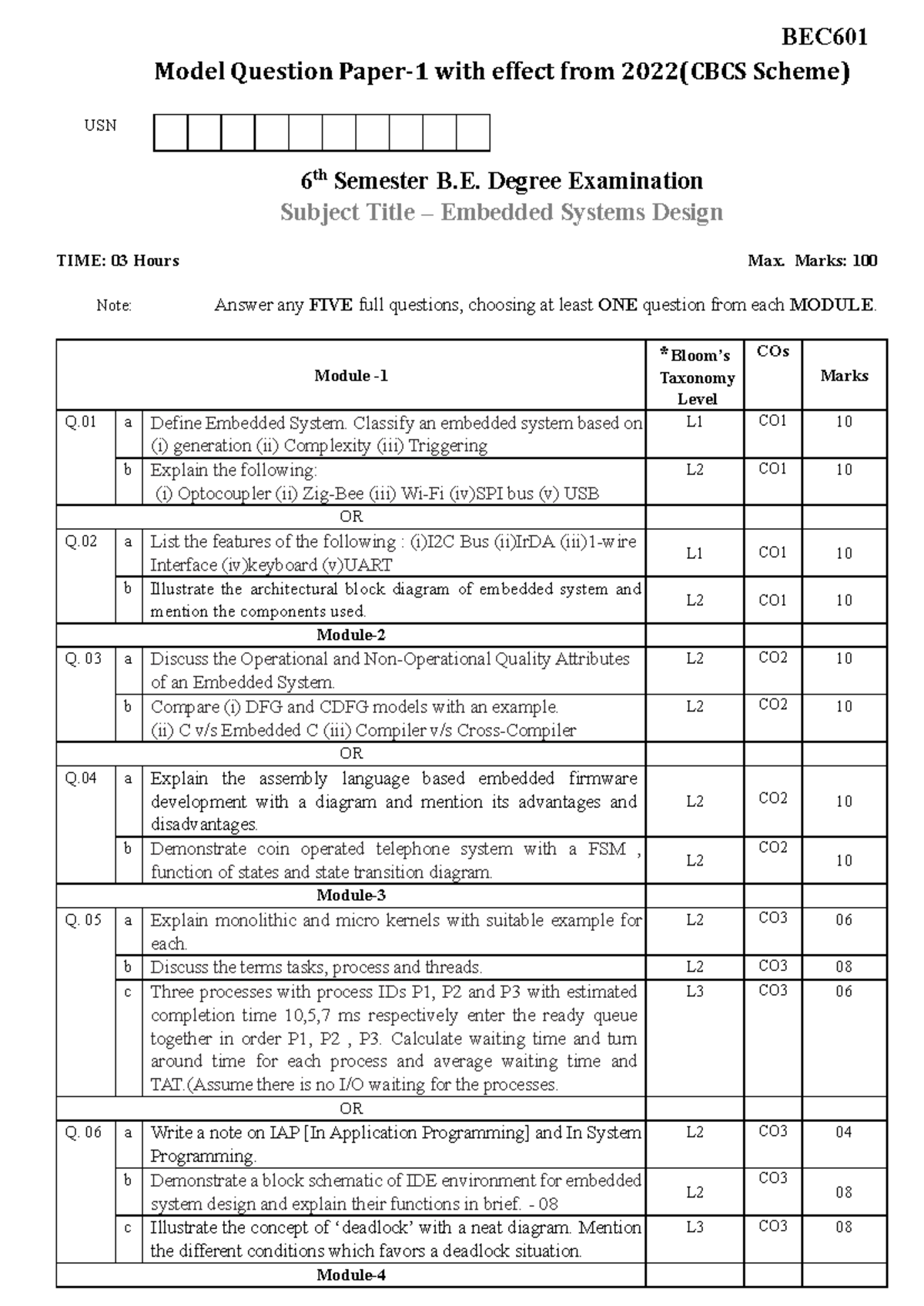BEC601 Embedded Systems Design Model Question Paper (2022 CBCS) - Studocu