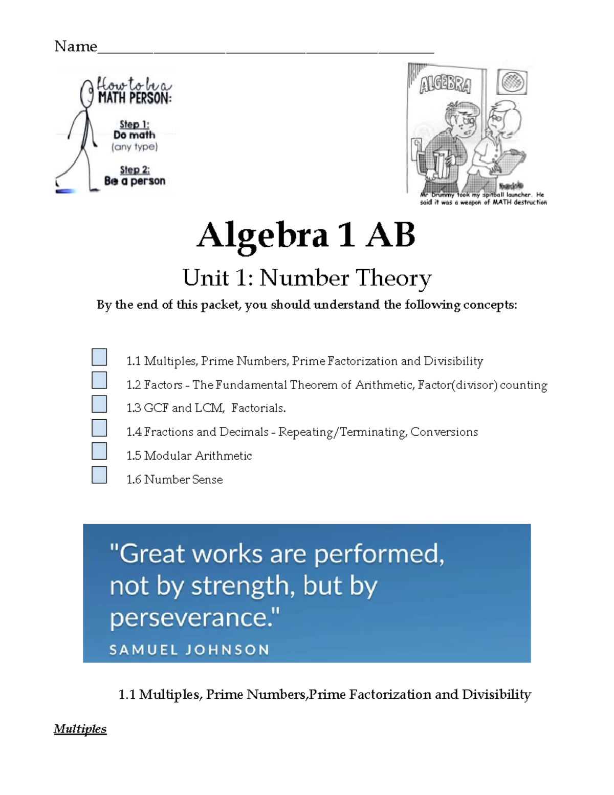 Algebra 1 AB: Unit 1 Number Theory - Key Concepts & Exercises - Studocu