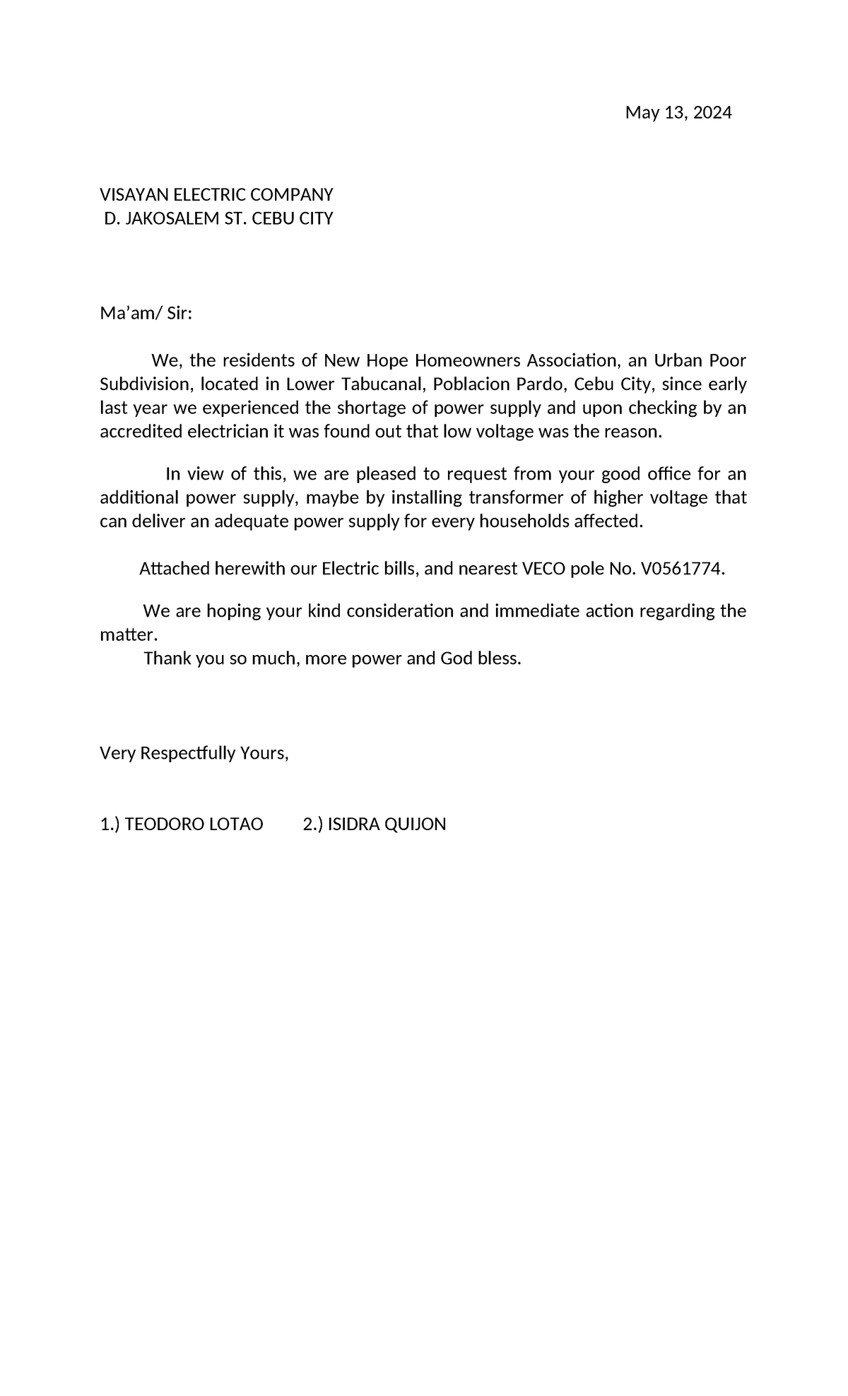 Request for Additional Power Supply - VECO Transformer Installation ...