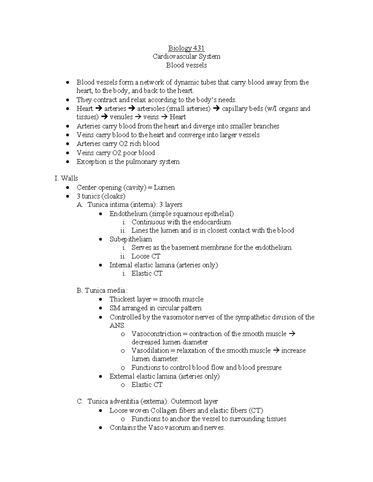 Biology 431: Cardiovascular System Overview and Blood Vessel Functions ...