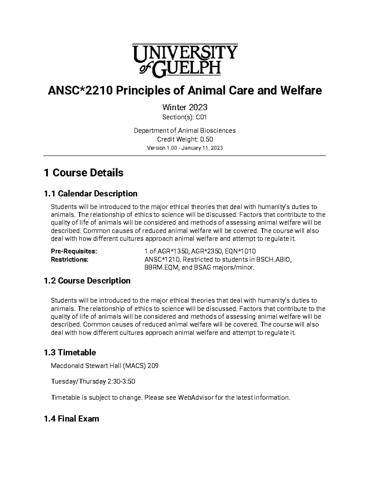 ANSC2210 Principles of Animal Care and Welfare Course Outline W23 - Studocu