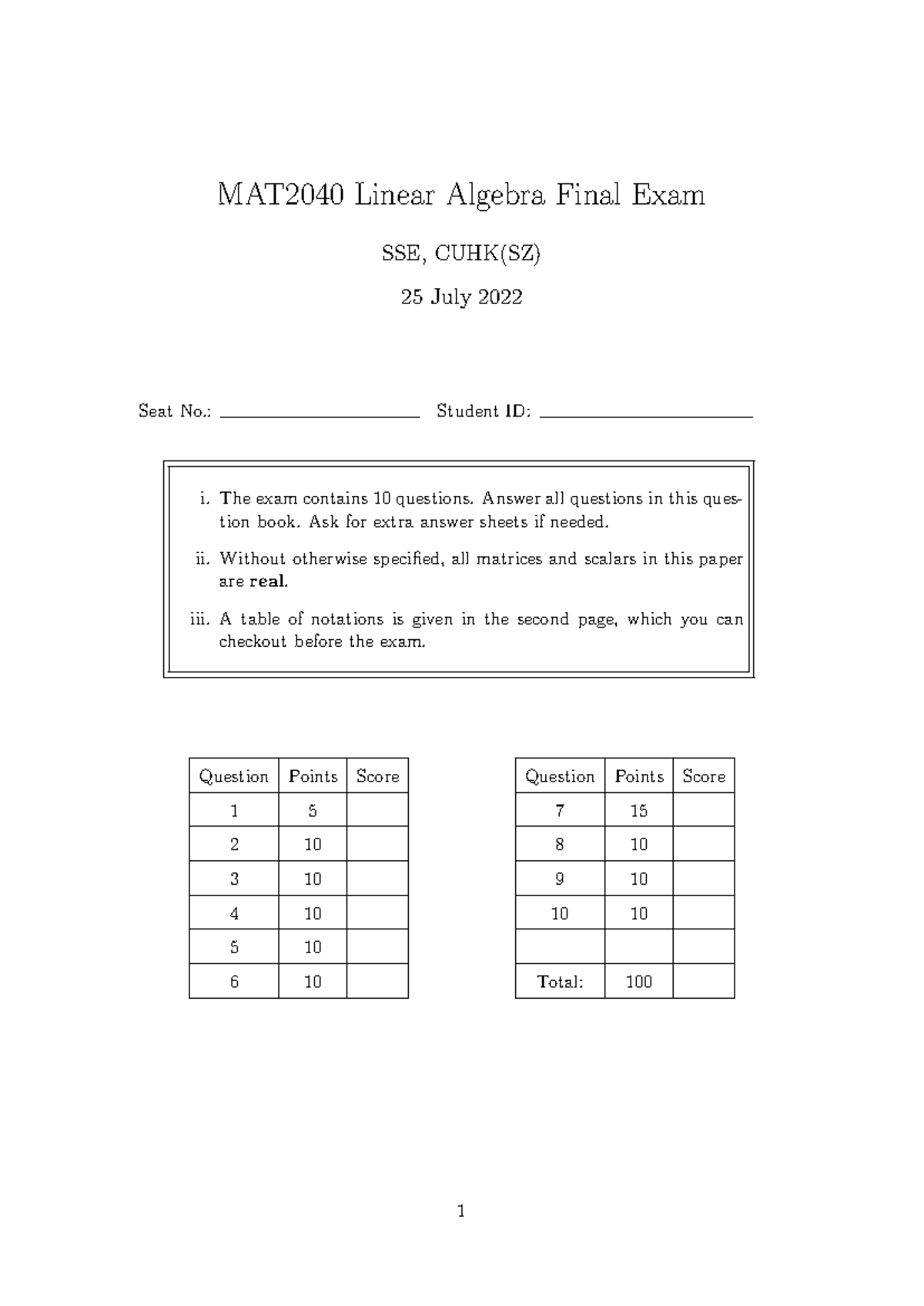 MAT2040 Linear Algebra Final Exam Paper - 25 July 2022 - Studocu
