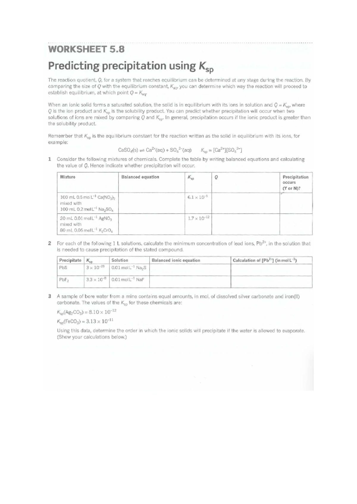 Worksheet 5.8: Predicting Precipitation Using Ksp Analysis - Studocu