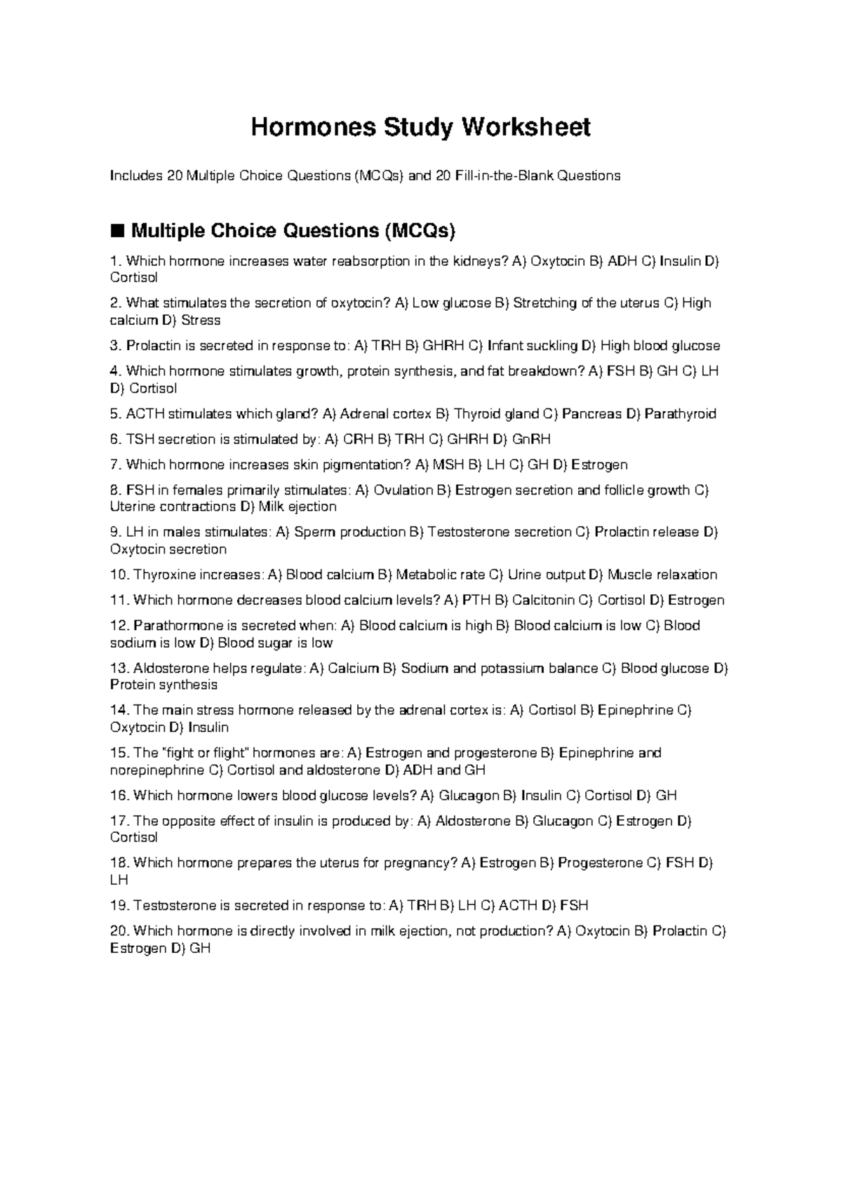 Hormones Quiz 2 - Study Notes with MCQs and Fill in the Blanks - Studocu