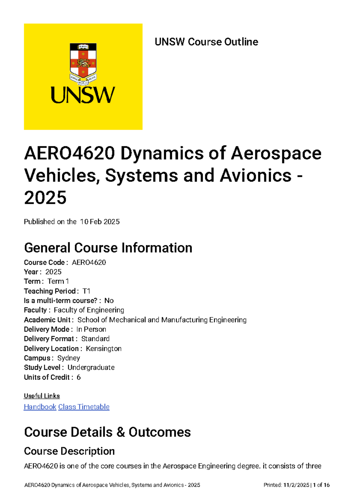 AERO4620 Course Outline: Dynamics of Aerospace Vehicles & Avionics 2025 ...