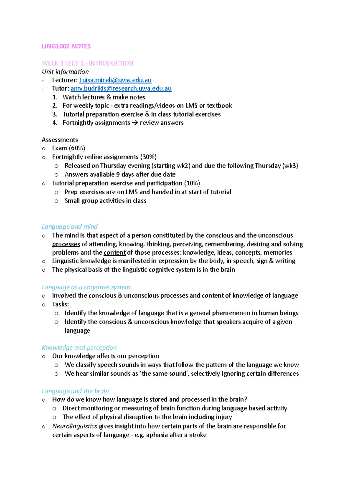 LING Notes 1 - LING1002 NOTES WEEK 1 LECT 1 - INTRODUCTION Unit ...