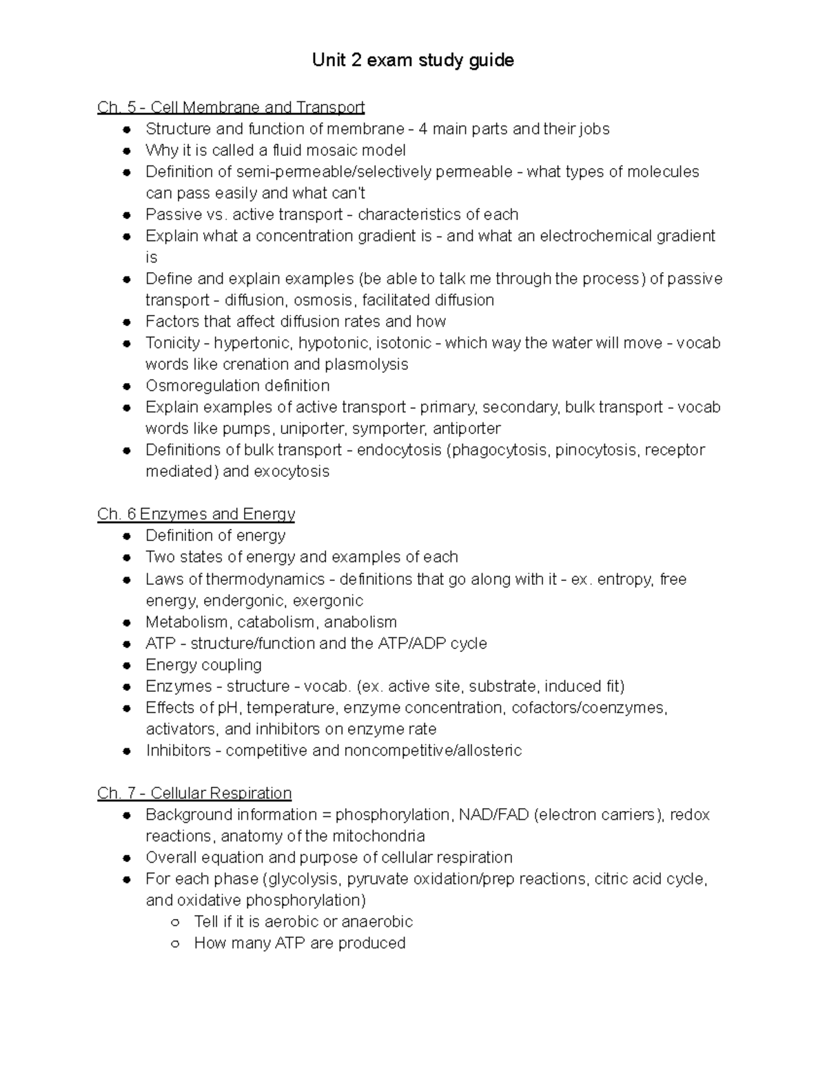 Unit 2 Exam Study Guide: Membrane, Enzymes, Respiration ...
